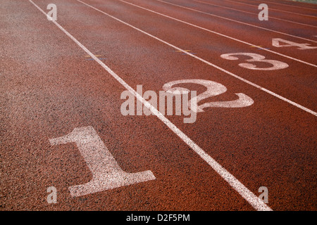 Starting line of a running track with eight lanes Stock Photo: 60849909 ...