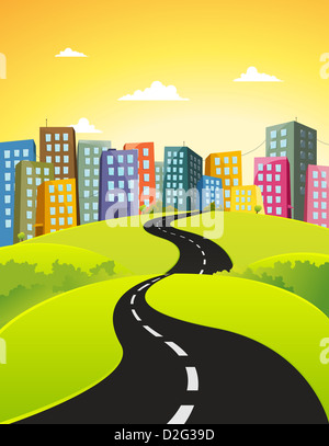 Illustration of a cartoon road going to town with fancy buildings Stock ...