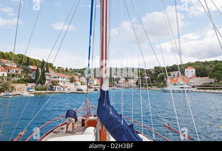 A traditional gulet ship sailing towards Maslinica on Solta Island ...