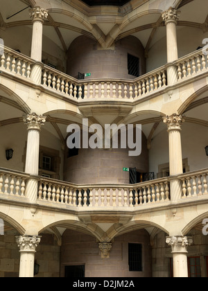 Inner courtyard with arcade, columns and tower of the chateau built in ...