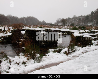 Postbridge clapper in snow. Dartmoor, Devon, December 2010 Stock Photo ...