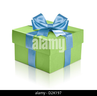 Blue Gift box on the green lawn for Christmas, new year, valentine day ...