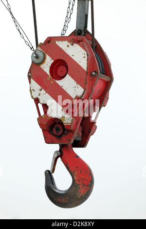 Crane hook with striped red white caution pattern, close up photo ...
