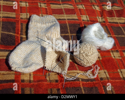 Close up on knit woolen fur texture. Blue melange fluffy woven thread ...