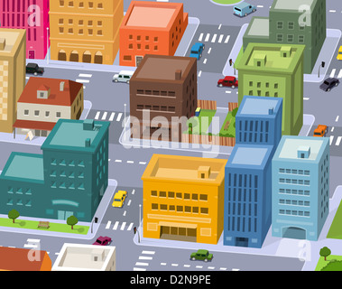 Illustration of a cartoon city scene, with aerial view of downtown ...
