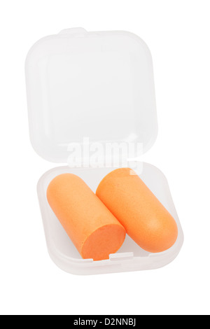 Container with ear plugs on white background Stock Photo - Alamy