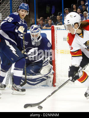 Tampa Bay Lightning goalie Peter Budaj (31) blocks a shot by Pittsburgh ...