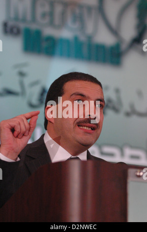 Amr Khaled, popular Egyptian Islamic TV preacher, at a press conference in Cairo to address the ...