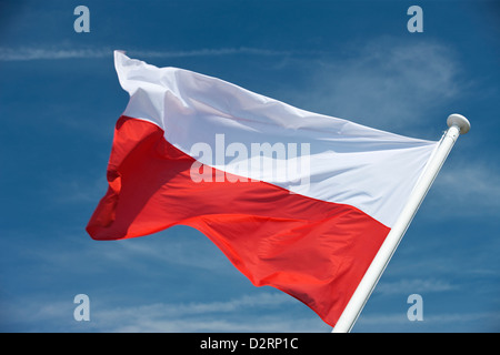 Polish flag waving on a flagpole at tower of Malbork castle in Poland ...