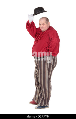 cheerful overweight man in red sunglasses and superhero cloak using ...