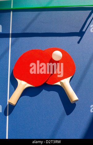 Two red ping pong paddles and a white ball on a white background Stock ...