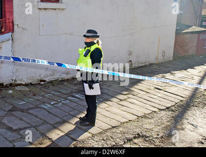 Blackpool, UK. 2nd February 2013. Police forensic teams investigate the ...