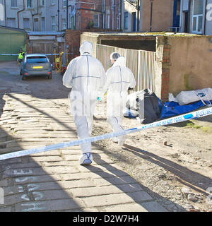 Blackpool, UK. 2nd February 2013. Police forensic teams investigate the ...