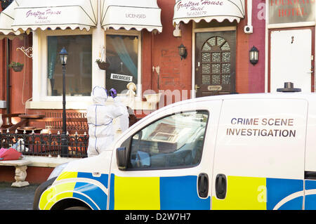 Blackpool, UK. 2nd February 2013. Police forensic teams investigate the ...