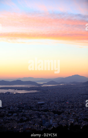 Aerial view of Athens (Greece), with Pireus port and Mediterranean Sea ...