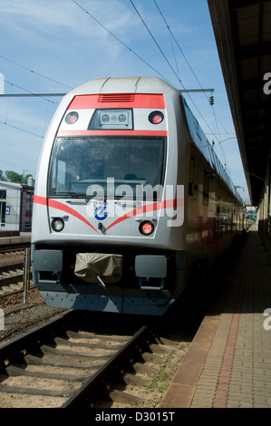 A modern double-decker passenger Lithuanian train at Vilnius rail ...