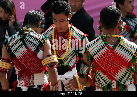 Men from Angami Naga tribe dressed in traditional clothes, Kohima, Nagaland, Northeast India ...