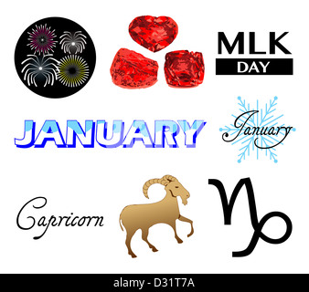 Illustration of eight January Icons including birthstones, holidays and ...