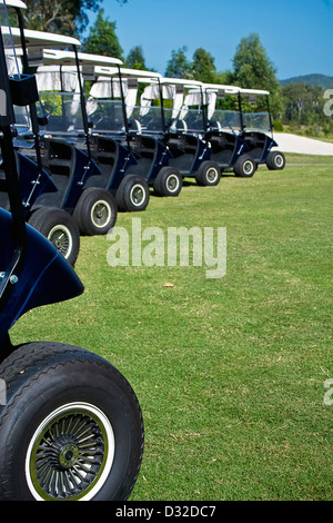 Multiple golf carts in a curved row Stock Photo - Alamy