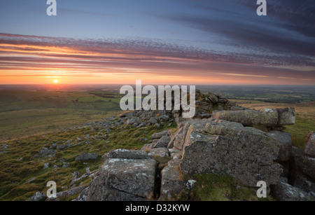 Sunset from Belstone Tor with views over th Devon countryside. Dartmoor ...