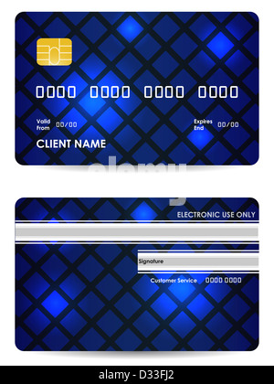 Front and back of blue debit card design with detail isolated on a ...