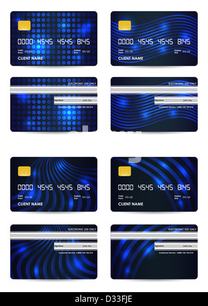 Front and back of blue debit card design with detail isolated on a ...