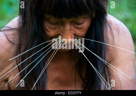 A Matses Mayorunas elderly woman with traditional whiskers and tattoos ...