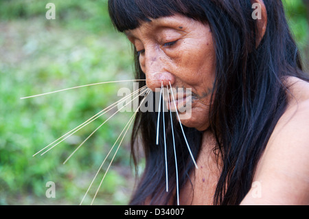 A Matses Mayorunas elderly woman with traditional whiskers and tattoos ...