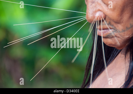 A Matses Mayorunas elderly woman with traditional whiskers and tattoos ...