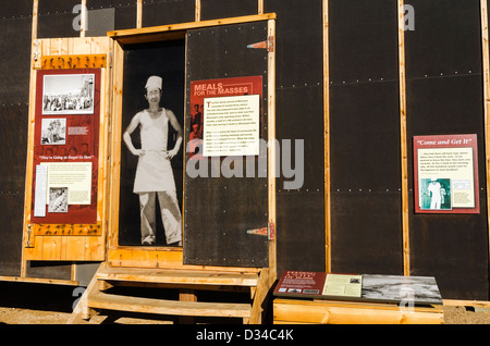 Mess hall and interpretive signs at Manzanar National Historic Site ...
