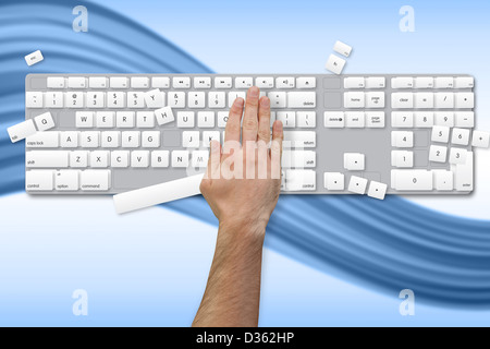 Hand breaking white and grey keyboard on blue wave background Stock ...