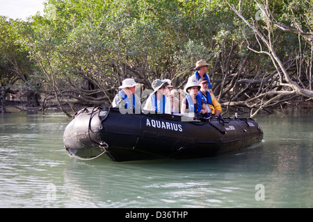 A Zodiac probes Porosus Creek, a tributary of the Hunter River looking ...