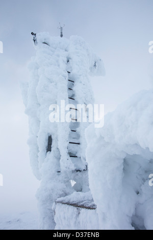 Rime ice coating the automatic weather station on the summit of the ...