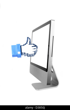 Computer with a hand cursor made in papercraft over white background ...