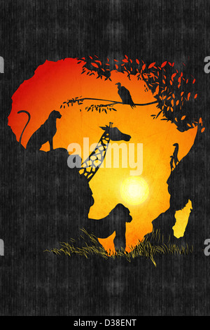 African wildlife sunrise. African safari illustration card Stock Photo ...