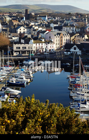 Peel marina with houses in background including the cathedral Stock ...