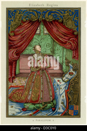 Queen Elizabeth at prayer Frontispiece Christian Prayers 1569. Color ...