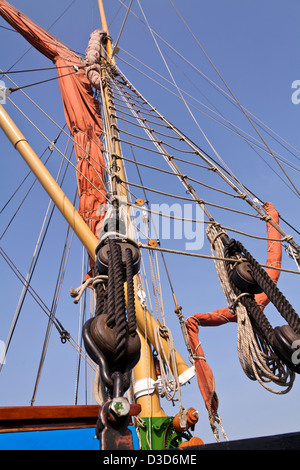 classic tall ship with rope rigging and sails. and crows nest Stock ...