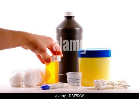 Child hand reaching for prescription medicine on white background Stock ...
