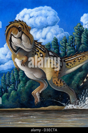 T-Rex dinosaur running in environment with some plants. 3D realistic ...