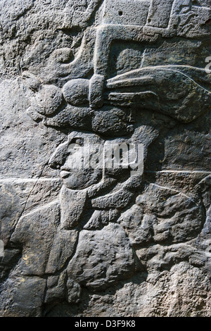 Olmec, Mexico. Stele 3 relief carving. Figure with complicated head ...