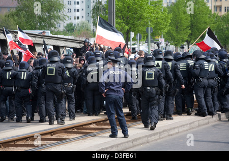 Berlin, Germany, police officers with symbols of various task forces ...