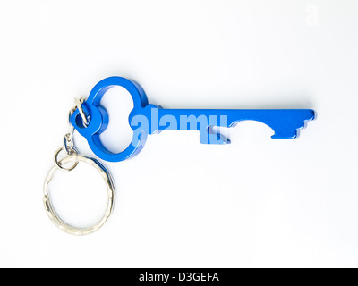 A blue stainless steel key's key-chain isolated on white background ...