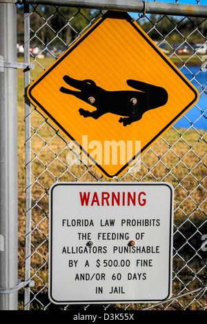 Alligator danger warning signpost in Florida waterfront park about ...