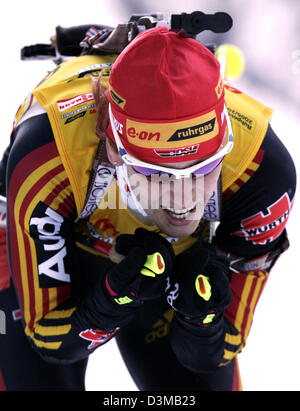 Kati Wilhelm of Germany in action during the Women's Biathlon training ...