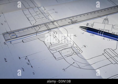 Architect engineer use pen drawing design working on blueprint. House ...