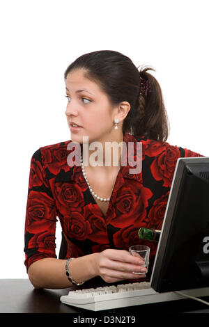 woman drinking alcohol at her computer desk at work Stock Photo - Alamy