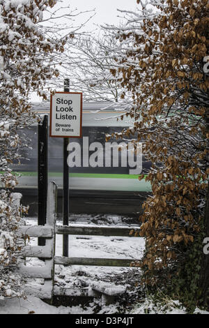 Train in winter snow, Worcestershire, England, UK Stock Photo - Alamy