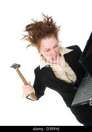 business woman smashing a laptop. isolated on white.photo with copy ...