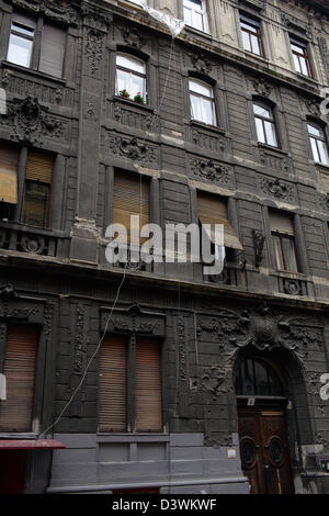 Budapest, Hungary, ramshackle old building facade in the district ...